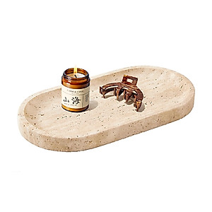 Natural Oval Beige Marble Tray 11.8 x 5.9inches, Travertine Stone Tray Bathroom Vanity Tray Catchall Tray for Jewelry Perfume Candle, Large Decorative Tray for Nightstand/Bedroom/Counter/Home Decor