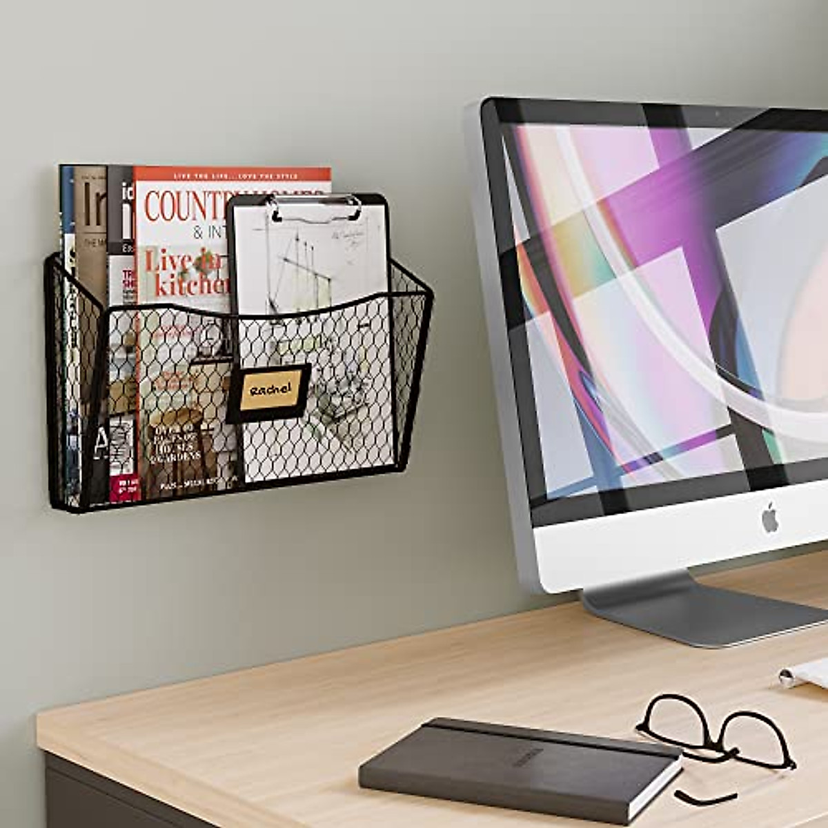 Wall35 Felic Hanging File Organizer, Folder and Mail Holder for Wall, Metal Chicken Wire Baskets with Tag Slot