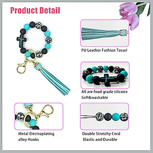 SHINYHARBOR Keychain Bracelet Silicone Key Ring Wristlet with Leather Tassel Wrist Key Ring Bangle Silicone Bead keyring for Women Girls Mom Gifts, Green