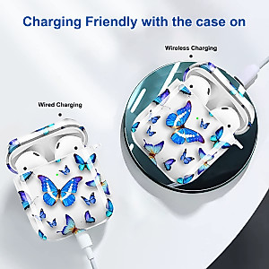 Maxjoy for AirPods Case Cover, Clear AirPod Case for Women Girly Cute Soft Protective Transparent iPod Case with Keychain Clip for AirPods 2nd 1st Generation Charging Case 2&1, Blue Butterfly