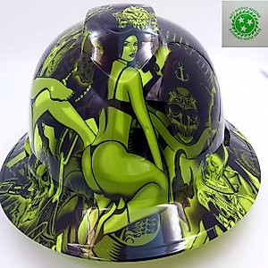 Wet Works Imaging Customized Pyramex Full Brim Green Biker Babes Hard Hat with Ratcheting Suspension