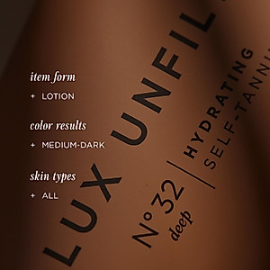 + Lux Unfiltered N°32 DEEP Gradual Self Tanning Cream in Santal, Hydrating Self Tanning Lotion, Gluten Free, Vegan + Cruelty Free Self Tanner, Luxurious Sunless Tanner Loaded with Antioxidants