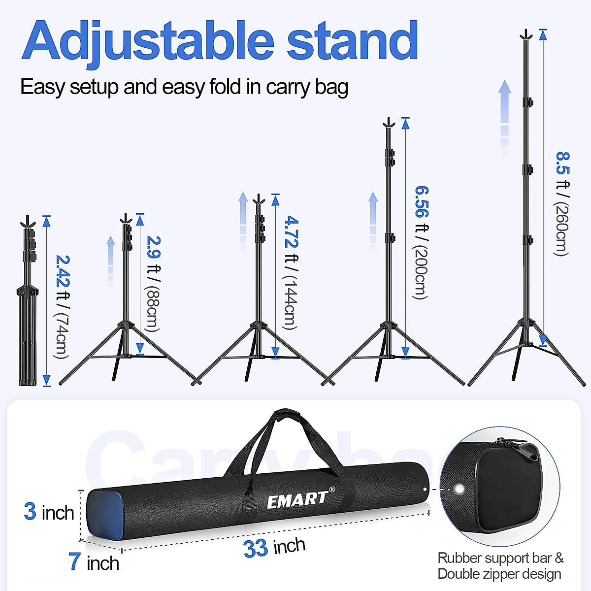 EMART Backdrop Stand 10x8.5ft(WxH) Photo Studio Adjustable Background Stand Support Kit with 2 Crossbars, 6 Backdrop Clamps, 2 Sandbags and Carrying Bag for Parties Events Decoration