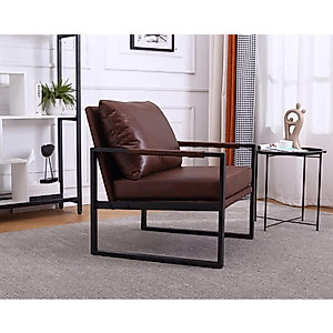 Nusetx Mid-Century Modern Accent Chair, Faux Leather Upholstered Living Room Chairs with Waist Cushion, Reading Armchair for Bedroom Sunroom, Brown