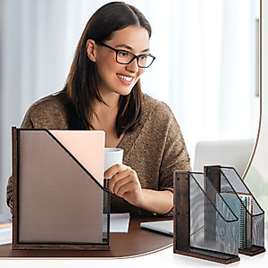 Perkoop 2 Pcs Mesh Magazine File Holder Metal Wooden Magazine File Holder Antique Mesh Wire File Organizer Desktop Magazine Rack Metal Desk Organizer for Document Folder School Office File Storage