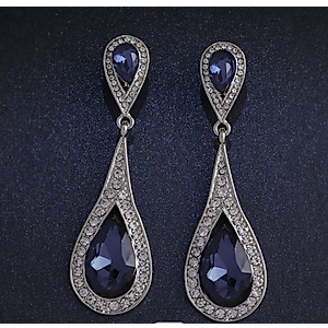 Extra Large Long Antique Vintage Retro Deco Gatsby Flapper Style Dark Navy Midnight Sapphire Blue Rhinestone Dangle Earrings