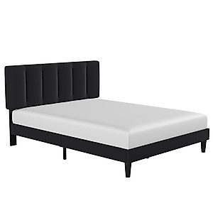 VECELO Queen Bed Frame with Upholstered Headboard, Platform Mattress Foundation with Strong Wooden Slats Support, No Boxing Spring Needed, Easy Assembly, Black