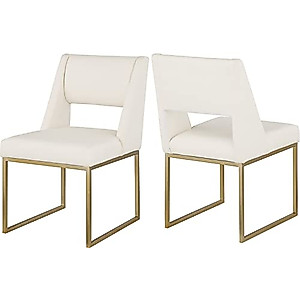 Meridian Furniture Jayce Collection Modern | Contemporary Faux Leather Upholstered Dining Chair with Brushed Gold Metal Base, Set of 2, Cream