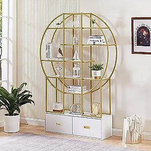 WADRI Modern 5-Tiers Open Shelf with 2 Drawers, 70.8 Inch Round Office Bookcase Bookshelf, Storage Bookshelf with Gold Staggered Storage Frame for Livingroom Bedroom Home Office