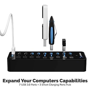 60W 10 Port USB 3.0 Hub Includes 3 Smart Charging Ports with Individual Power Switches and LEDs and 60W 12V/5A Power Adapter+USB Bluetooth 4.0 Micro Adapter for PC [v4.0 Class 2 with Low Energy Techno