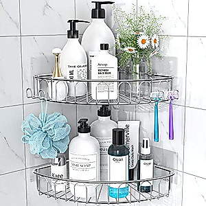 Orimade Corner Shower Caddy Stainless Steel with Hooks Wall Mounted Bathroom Shelf Storage Organizer Adhesive No Drilling 2 Pack, Only for 90-Degree Corner