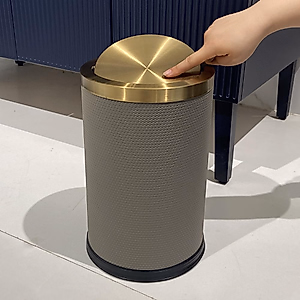 YOJIA 9L/2.4Gal Gold Trash Can with Swing Cover,Creative Shake Lid Leather Garbage Can, Garbage Can for Kitchen,Bathroom,Living Room,Office (9L-Checked Grey)
