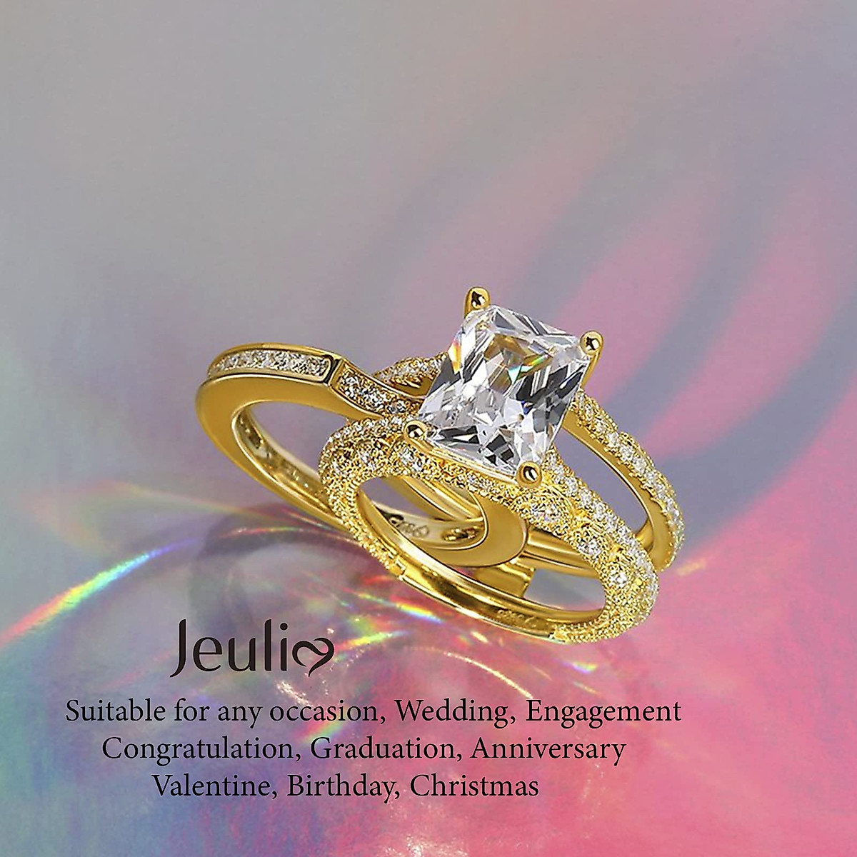 Jeulia Wedding Radiant Cut Ring: 3PC CZ Diamond Engagement Ring Set Promise Anniversary Rings with Side Stones Romantic Jewelry Gift for Her with Gift Box (Yellow Gold, 9.5)