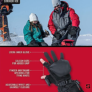 Striker Climate Crossover Waterproof Breathable Insulated Ice Fishing Mitts with Adjustable Wrist and Gauntlet Closure, Black, Large