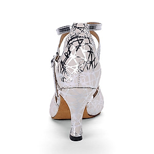 TDA Women's Flared Heel Comfort Peep Toe Silver Leather Salsa Tango Ballroom Latin Modern Dance Wedding Shoes 8.5 M US