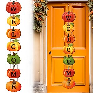 Soaoo 51.5 Inch Fall Door Decoration Thanksgiving Fall Sign Wooden Pumpkin Welcome Sign Rustic Wooden Hanging Wall Sign for Front Door Porch Farmhouse Autumn Harvest Outdoor Indoor Decorations