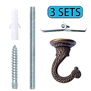 3 Sets Large Swag Ceiling Hooks Heavy Duty Swag Hook with Hardware for Hanging Plants Ceiling Installation Cavity Wall Fixing (3, Antique Brass)