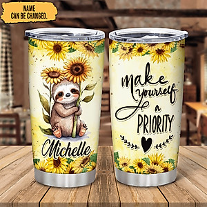 Hyturtle Personalized Gifts For Sloth Lover - Make Yourself A Priority Custom Name Stainless Steel Tumbler 20oz With Lid - Idea Animal Lover Gifts For Women Girl On Birthday, Christmas