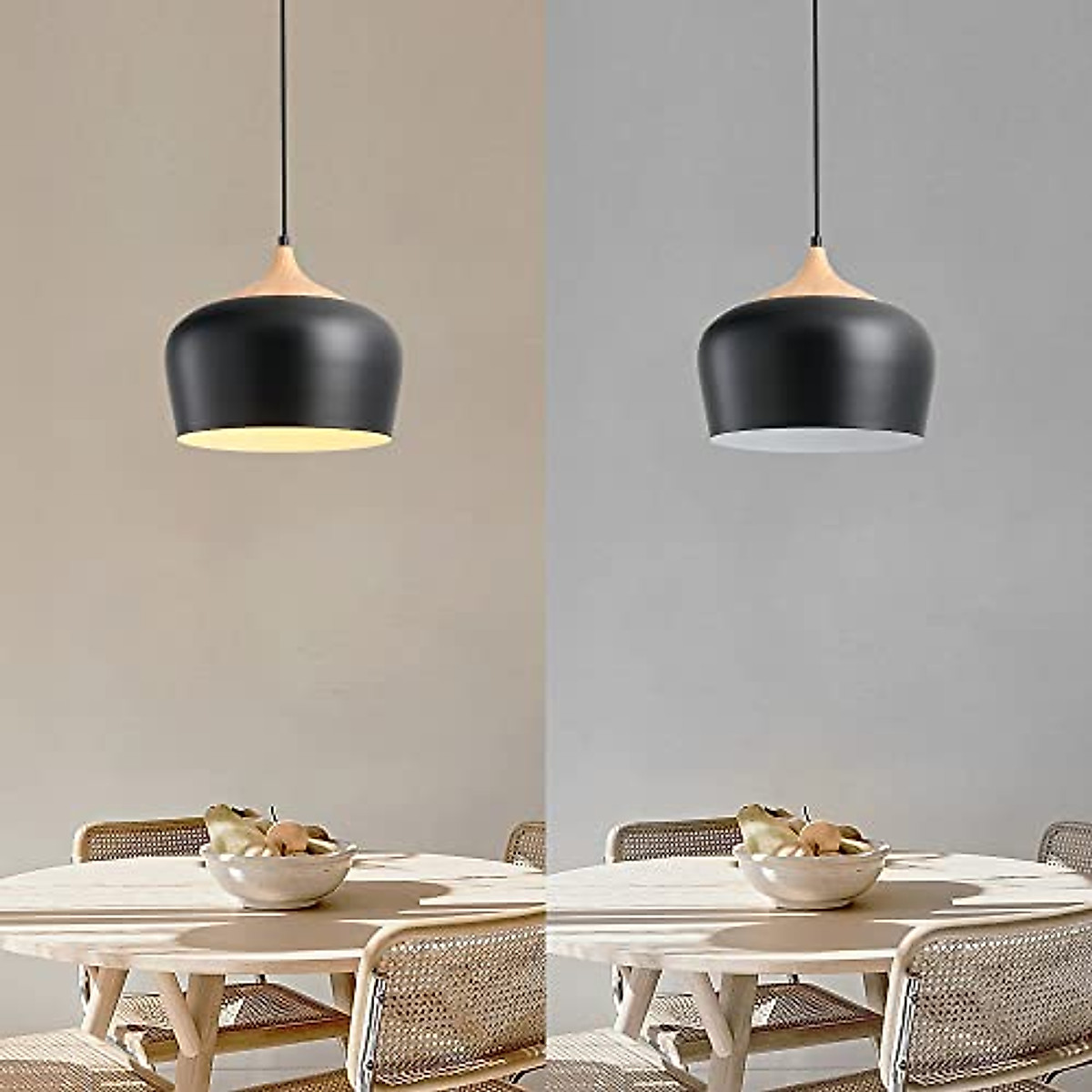 KARMIQI Farmhous Pendant Lights LED Bulb Included Black Pendant Lights Kitchen Island with Metal and Faux Wood Shade, Pendant Hanging Light Fixtures for Kitchen, Dining Room, Living Rooms,Hallway