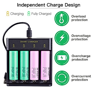 18650 Battery Charger 4 Bay Smart Universal Charger for 3.7V Rechargeable Batteries Li-ion Batteries 18650 26650 14500 16340(CR123) 21700 18490 18350 Batteries (Not Battery)