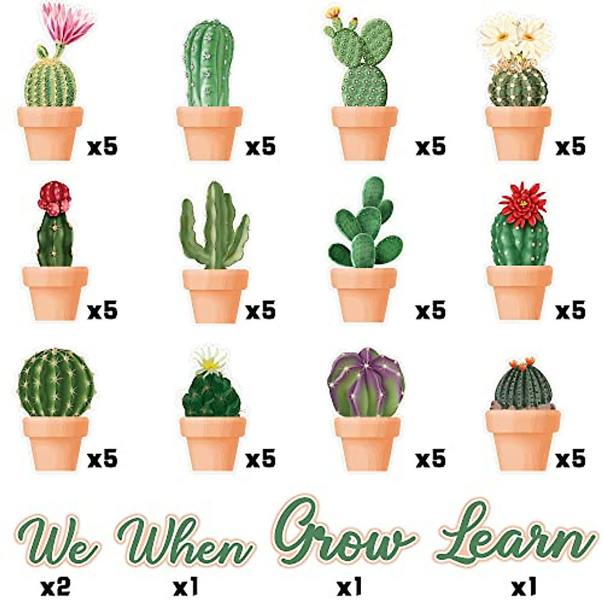 G1ngtar 70Pcs When We Learn We Grow Cactus Bulletin Board Decoration Set Green Plant Prickly Cactus DIY Cardstock Paper Cutouts Wall Decals Teacher Supplies for Fiesta Classroom School Kindergarten
