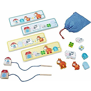HABA On The Farm Threading Game with 10 Chunky Wooden Lacing Figures & 4 Templates (Made in Germany)