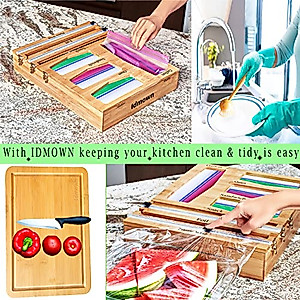 IDMOWN Ziplock Bag Organizer, Foil And Plastic Wrap Organizer, 6 In 1 Kitchen Drawer Organizer Compatible With Gallon Quart Sandwich Snacks, Wrap Dispenser With Cutter, Cutting Board and Washing Brush