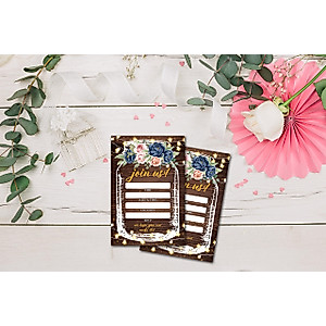 Rustic Wood Bridal Shower Invitations, Pink Floral Bridal Shower Party Invites Cards for Engagement Party, Wedding Party, Bridal Shower Party, Set of 25 Invitations & 25 Envelopes (A08)