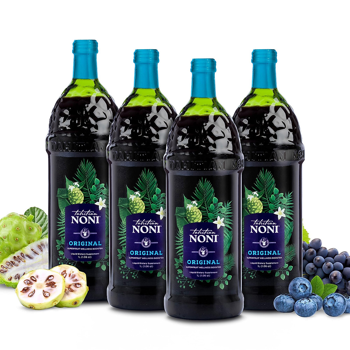 Tahitian Noni Juice by Morinda - Original and Authentic Noni Fruit Puree with Natural Blueberry & Grape (Resveratrol) - Invigorating Daily Superfood Drink for Enhanced Vitality - 4x1L Bottles/Case