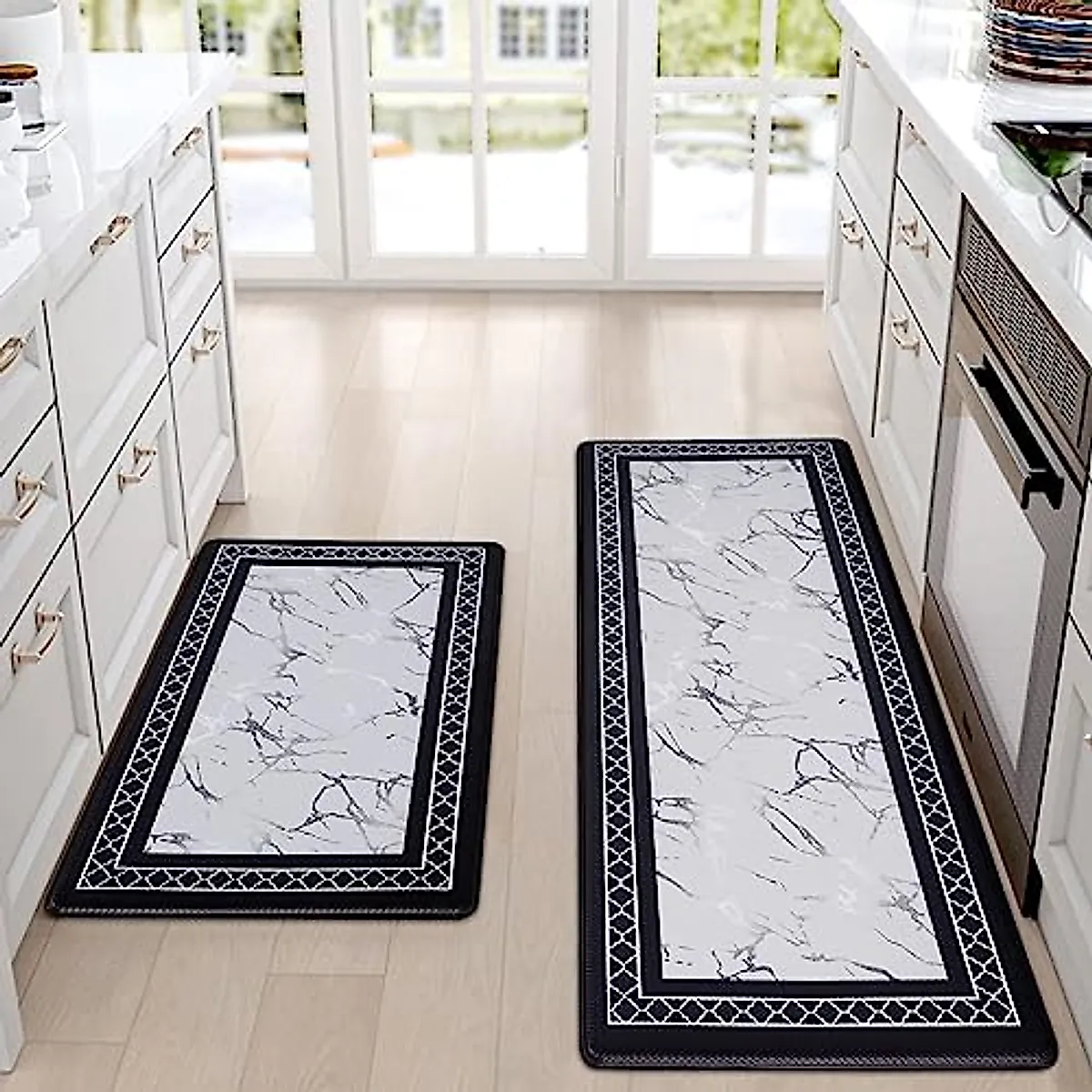 ASPMIZ Marble Kitchen Rugs Non Slip, Silver White Marble Kitchen Mats Cushioned Anti Fatigue, PVC Waterproof Leather Kitchen Rug Modern, Floor Comfort Mat for Kitchen Sink, 18'' x 30'' + 18'' x 48 ''