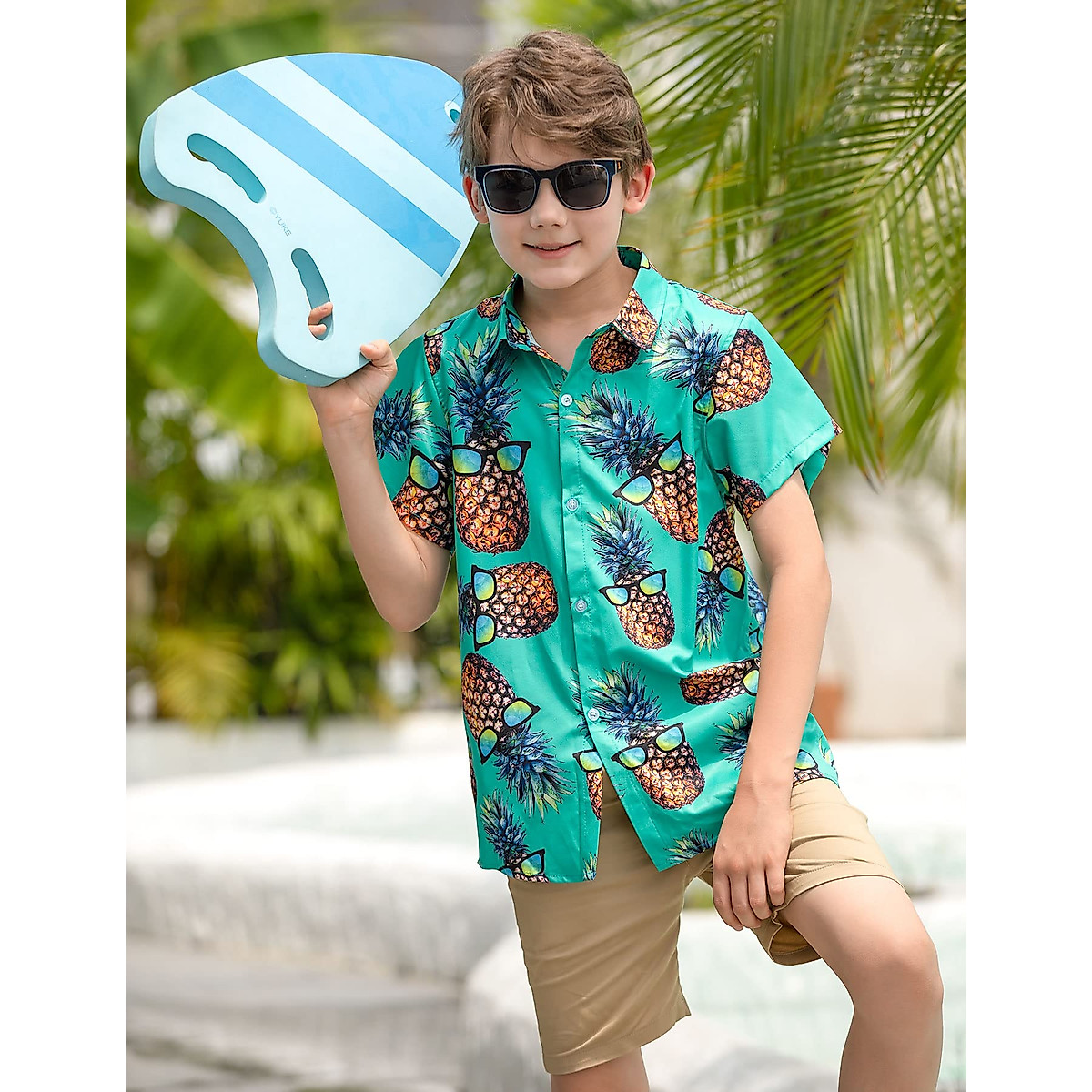 UNICOMIDEA Boys Hawaiian Shirts Kids Tropical Shirt Short Sleeve Luna 3D Graphic Green Pineapple Teens Button Up Clothes Hawaii Beach Holiday T Shirt for 9 10 Years