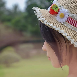 Lolita Strawberry Straw Hat for Women Teens Summer Outdoor Fashionable Wide Brim Beach Sun Hats UV Protection (Beige)