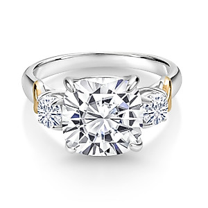 Gem Stone King 925 Sterling Silver and 10K Yellow Gold Cushion 10MM Gemstone Birthstone and Round 4MM White Moissanite 3 Stone Ring For Women Available In Size 5, 6, 7, 8, 9