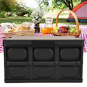 Folding Storage Box with Wooden Cover, 30L Collapsible Storage Bins with Lid, Camping Storage Container for Camping, Car Storage, Home Sorting (42x28.5x23.5cm/16.5x11.2x3 Inch)(Black)