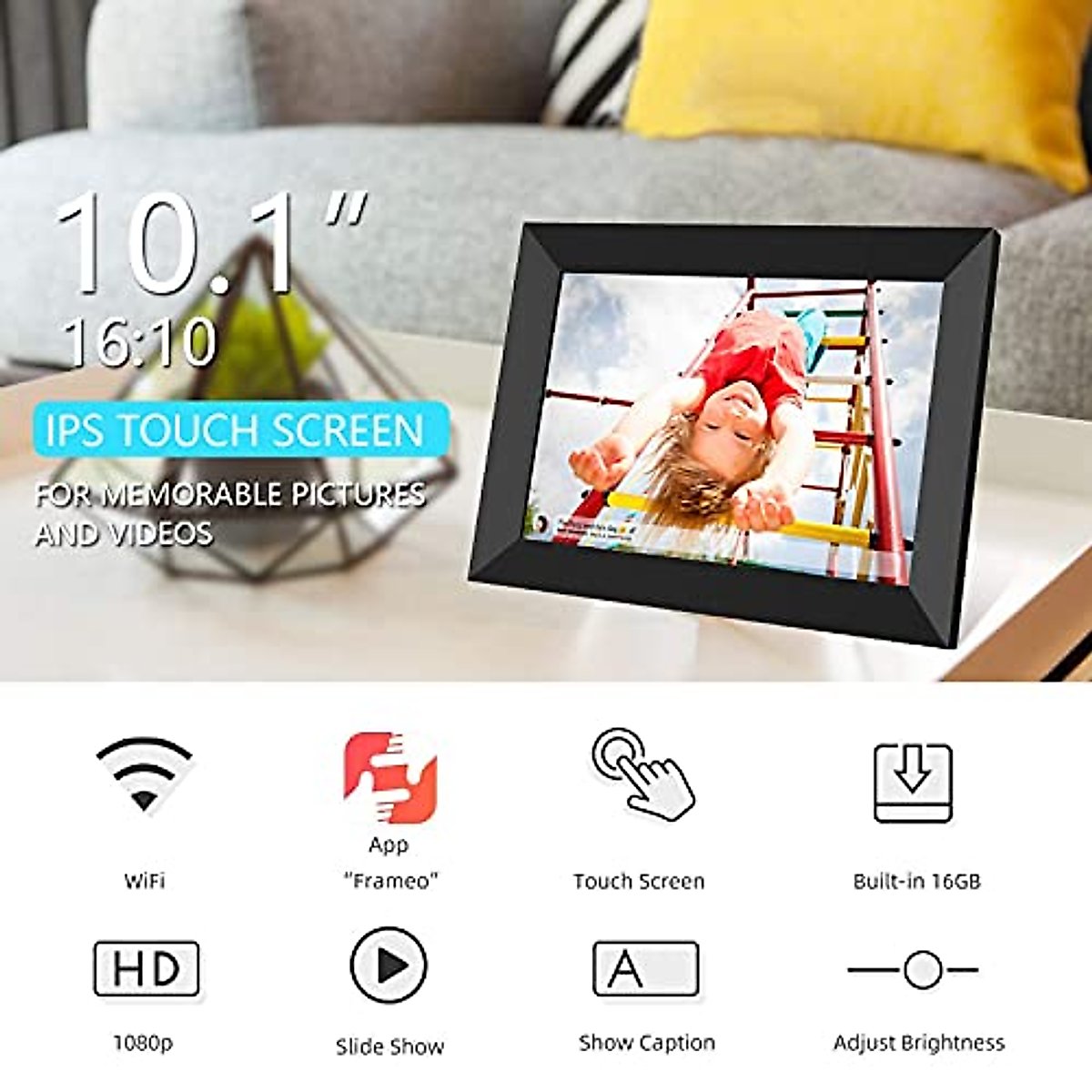 FRAMEO 10.1 inch WiFi Digital Picture Frame 1280x800 HD IPS Touch Screen Smart Cloud Photo Frame with 16GB Memory, Auto-Rotate, Wall Mountable, Easy Setup to Share Photos or Videos via Frameo