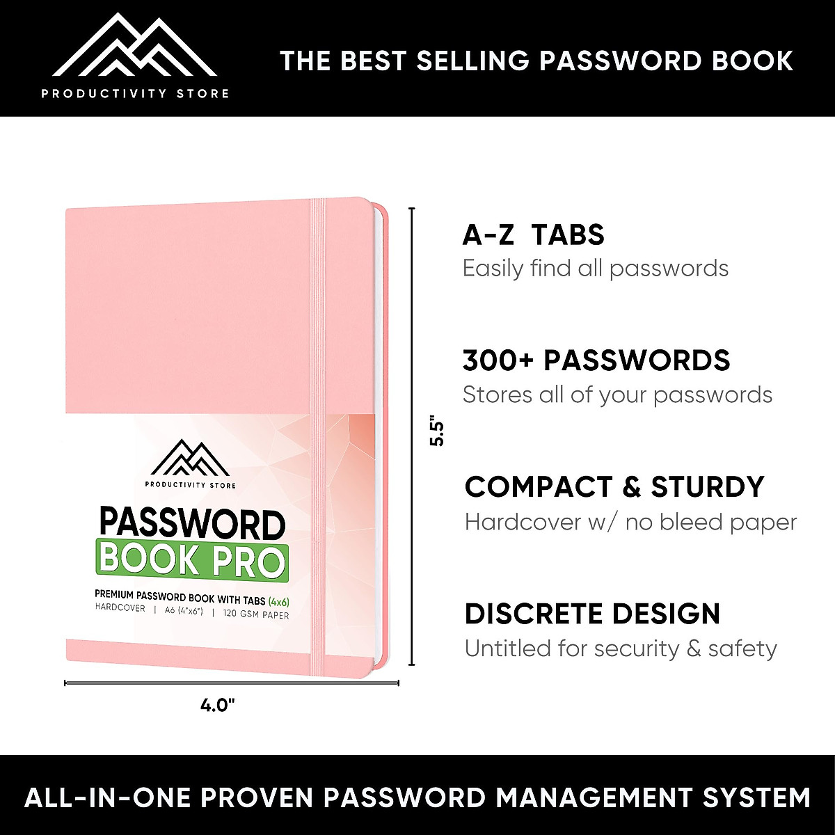 PRODUCTIVITY STORE Best Password Book With Alphabetical Tabs | Small Password Book, Organizer & Notebook | Password Keeper To Keep Website Logins & Passwords Safe | Black | Small 4x5.5
