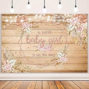AIBIIN 7x5ft Rustic Wood Baby Shower Backdrop Boho A Sweet Baby Girl is On The Way Pink Pampas Grass Flowers Baby Shower PHotography Background Boho Baby Shower Decorations for Girl Supplies