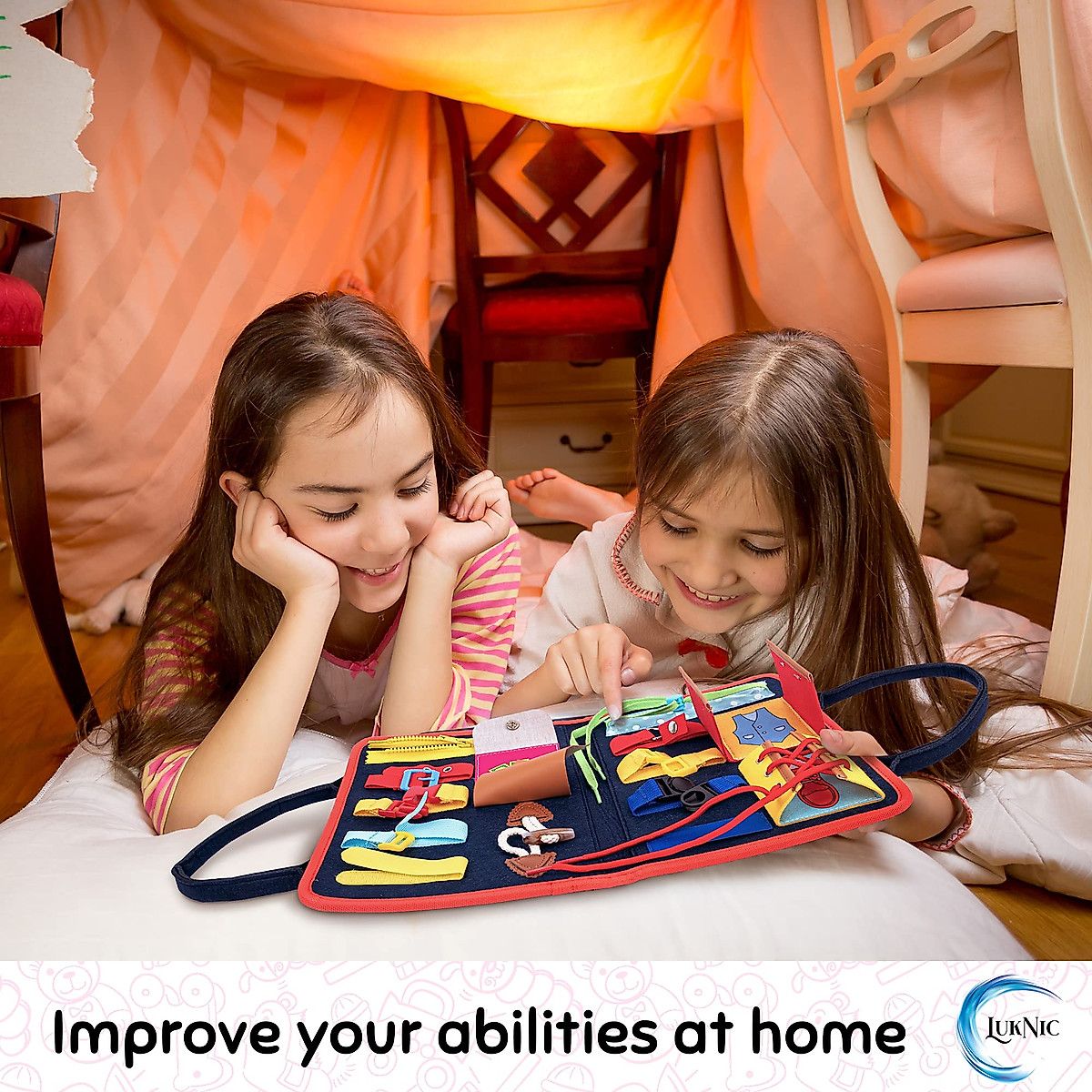 LukNic Busy Board Montessori and Sensory for Toddlers Toys for Children Learning Tool for Kids Portable Blue Felt Bag with Zipper Clock Activiti Kit