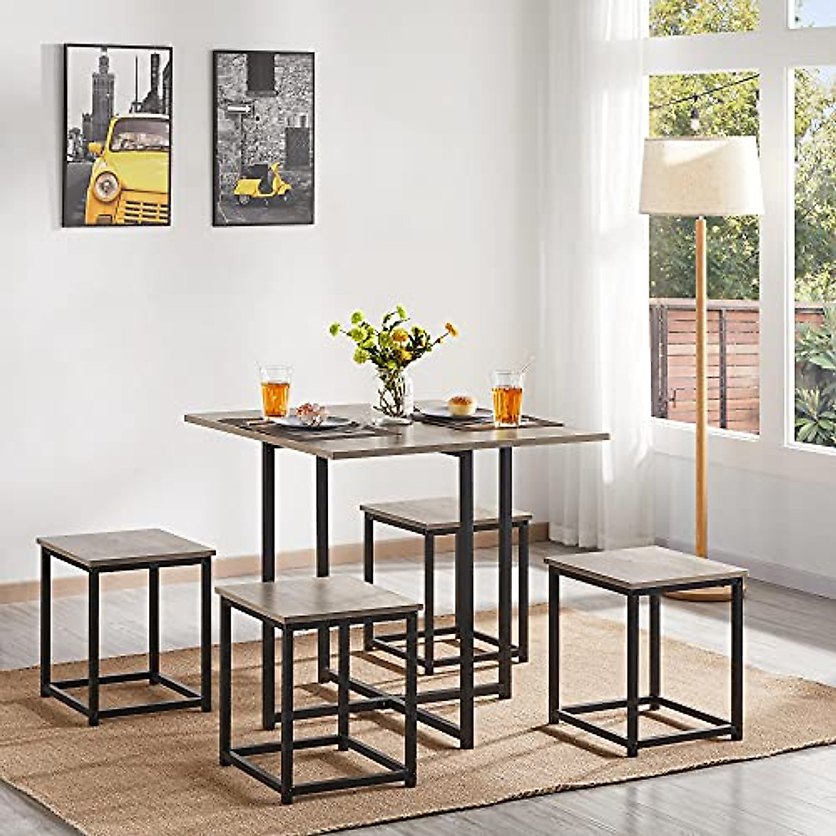 Yaheetech 5-Piece Dining Table Set - Industrial Kitchen & Chairs Sets for 4 Compact with Stools Space-Saving Design Apartment, Small Space, Breakfast Nook, Gray