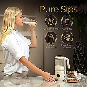 BEEZE Automatic Nut Milk Maker - 14oz Nut Milk Maker Machine - Almond Milk Maker - Milk Tea, Soy, Oat, Almond, Cashew, Coconut Milk, Glass Blender, Built In Strainer, Smart Touch, Recipe Book Included