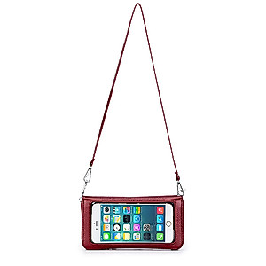 Genuine Leather Shoulder Bag Cell Phone Bag with Touch Screen Window Women Wallet Purse with Card Slots Coin Pouch Wine Red