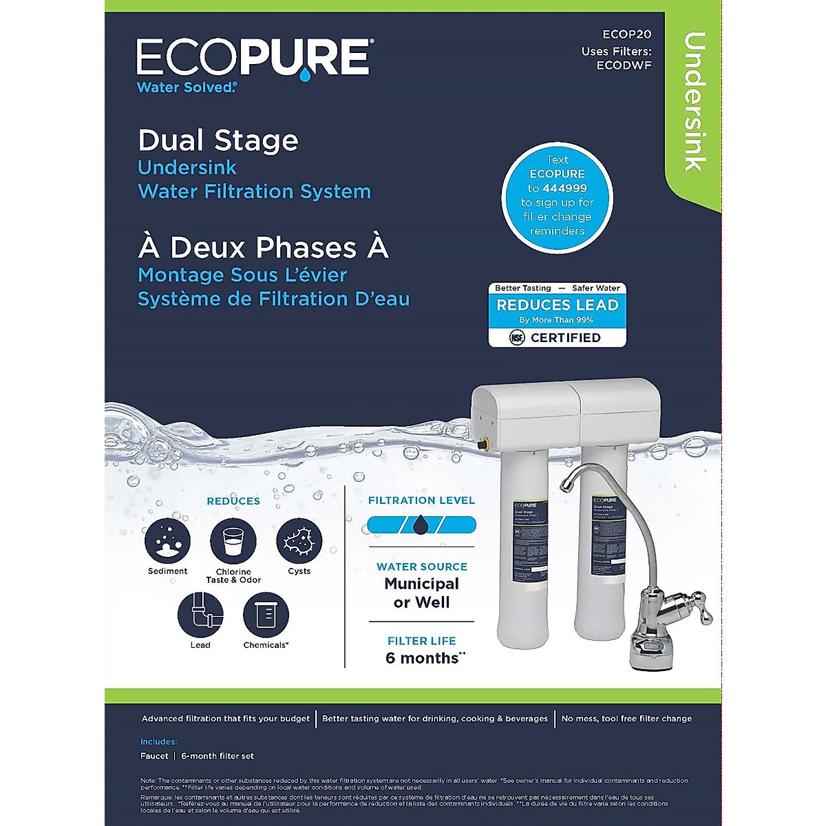 EcoPure ECOP20 Dual Stage Undersink Water Filtration System, 1 Count (Pack of 1), White