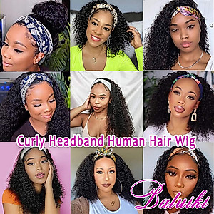 Glueless HeadBand Wig Curly Human Hair Wig None Lace Front Wigs for Black Women Deep Wave Machine Made Wigs Natural Color 180% Density (12inch)