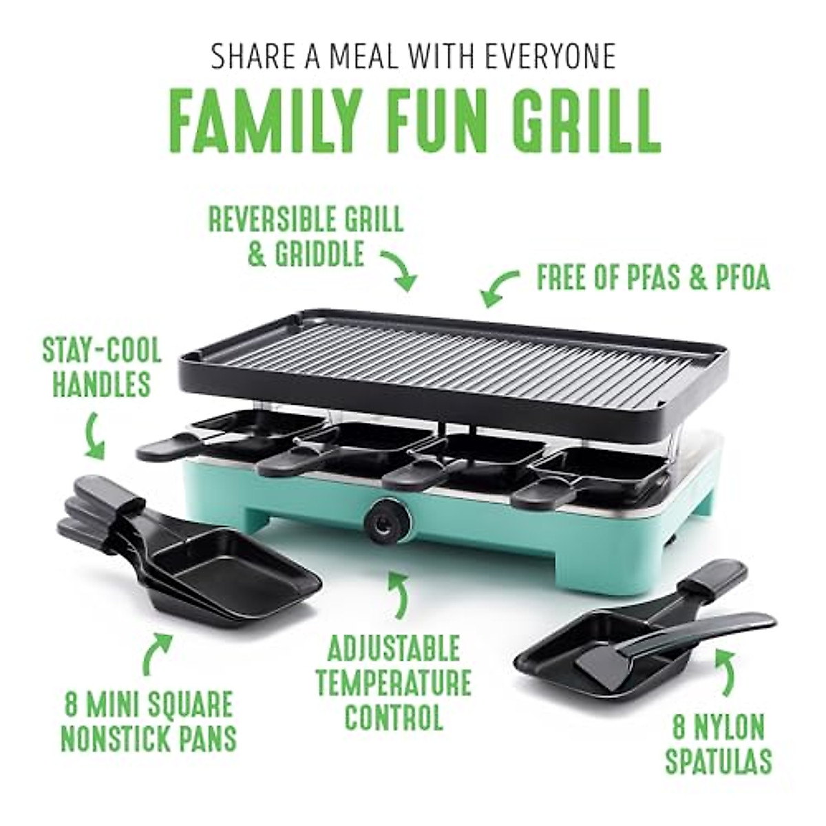 GreenLife Raclette Indoor Tabletop Grill, Healthy Ceramic Nonstick, 2-in-1 Grill and Griddle, 8 Square Nonstick Pans, Adjustable Temperature Control, Easy Indicator Light, PFAS-Free, Turquoise