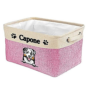 MALIHONG Personalized Foldable Storage Basket with Cute Dog Australian Shepherd Collapsible Sturdy Fabric Pet Toys Storage Bin Cube with Handles for Organizing Shelf Home Closet, Pink and White