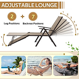 Esright Outdoor Chaise Lounge Chair,Folding Textiline Reclining Lounge Chair for Beach Yard Pool Patio with 7 Back & 2 Leg Adjustable Positions,Brown