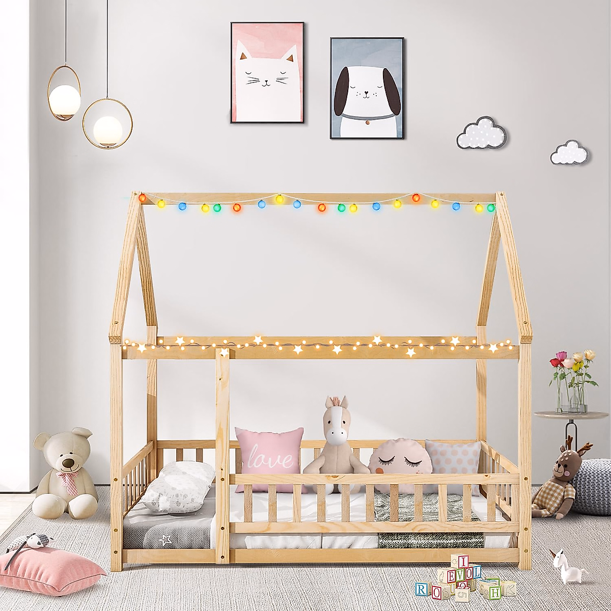 LLS Twin Montessori Bed Frame, Wooden House Bed with Fence and Roof, Floor Bed for Boys Girls Bedroom, Natural