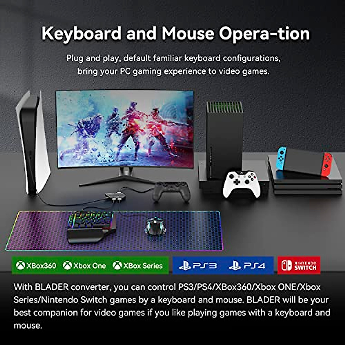 Keyword and Mouse Adapter for Nintendo Switch/Xbox One/PS4/PS3, AIMVICE Keyboard Adapter & Xbox Keyboard Adapter, Perfect for Games Consoles for FPS, TPS and RTS [2023 Upgrade Version]