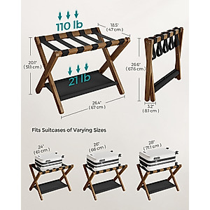 SONGMICS Luggage Rack, Folding Suitcase Stand with Storage Shelf, for Guest Room, Hotel, Bedroom, Heavy-Duty, Holds up to 131 lb, Walnut Brown URLR007D01
