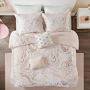 Intelligent Design Duvet Cover Queen Bedding Sets Chic Modern Metallic Swirl Marble Abstract Print Microfiber Bedding Queen Size Duvet Cover Set, Throw Pillows Rebecca, Full/Queen Blush/Gold 5 Piece